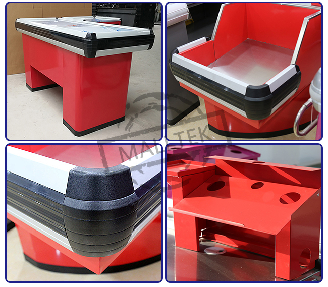 Silver Red Supermarket Checkout Counter Stainless Cashier Desk Stand