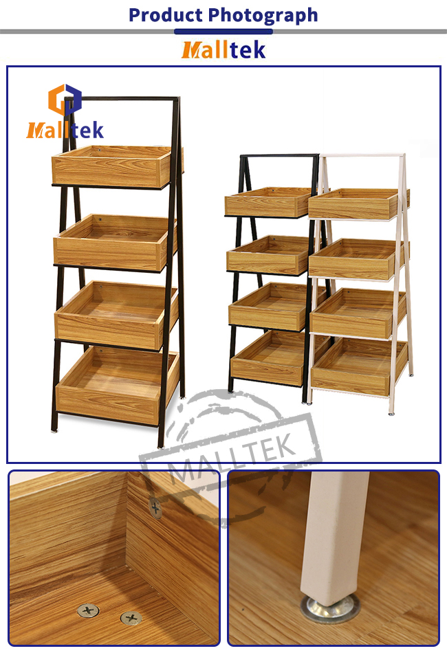 Ladder Type Shopping Wooden Retail Display Stands With Metal Frame