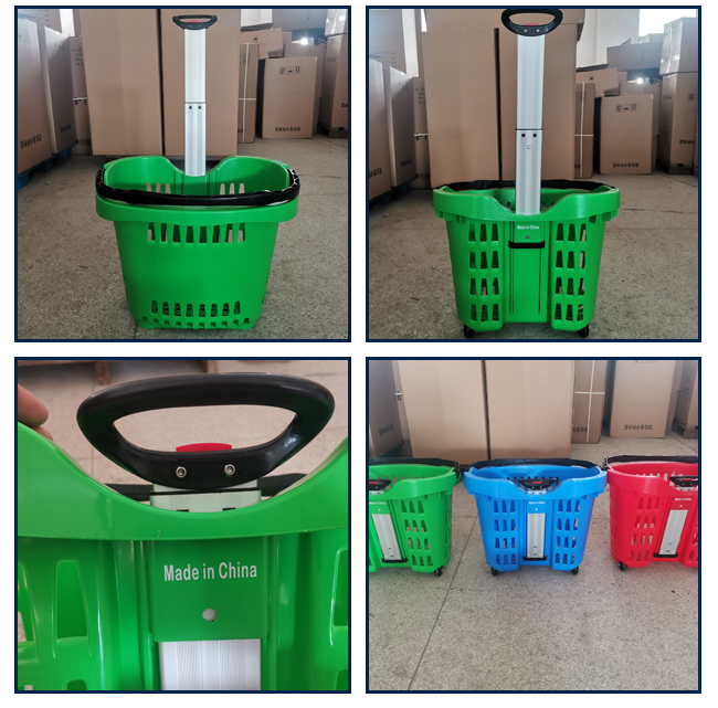 Stackable Aluminum Handle wheeled Supermarket Shopping Basket