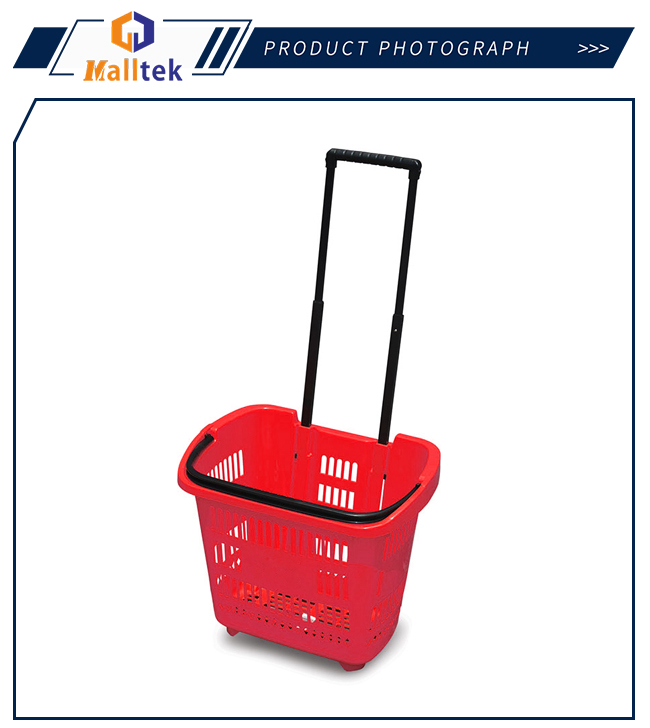Aluminum Telescopic Handle Plastic Grocery Hand Basket With 2 Wheels